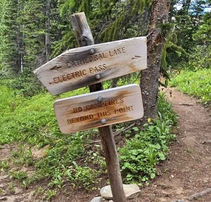 Trail signs point the way to Cathedral Lake and Electric Pass, reminding you that campfires aren't invited to this party.