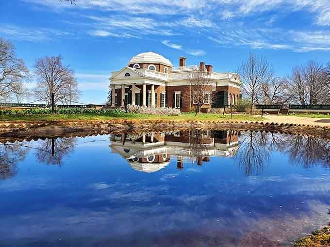 Monticello reflected in still water, a masterpiece of architecture and ambition that still stops people cold after all these centuries.