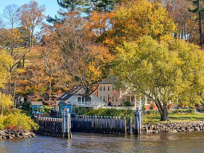 The ferry dock in autumn becomes a front-row seat to nature's most spectacular color show, no tickets required.
