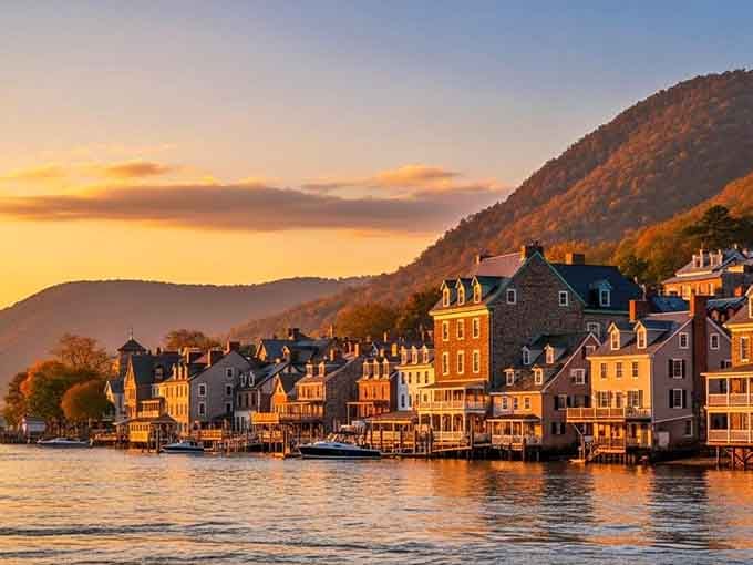 Sunset paints the waterfront buildings in golden light, making everything look like a Thomas Kinkade painting came alive.