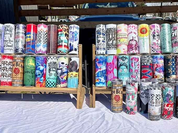 Custom tumblers decorated with more patterns than a kaleidoscope factory explosion, keeping drinks cold for actual hours.