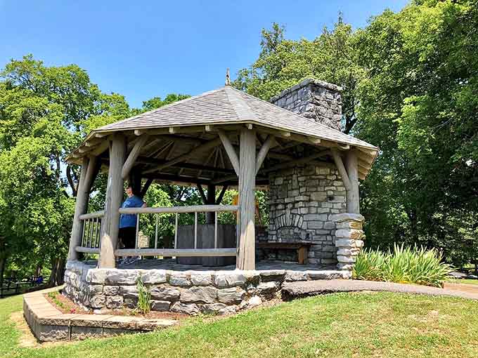 This stone gazebo offers front-row seats to America's greatest river without the price of a cruise ticket.