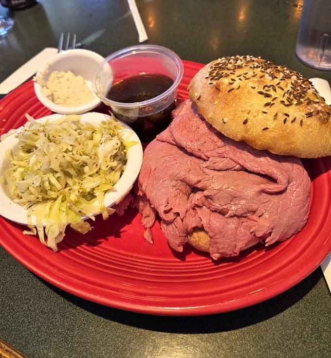 Hand-carved beef on a seeded Kimmelweck bun with all the fixings—Buffalo would be proud of this Western New York classic.