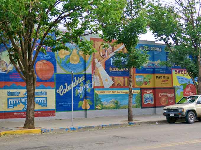 Colorful murals celebrate agricultural heritage on walls that tell stories about community pride and local history.