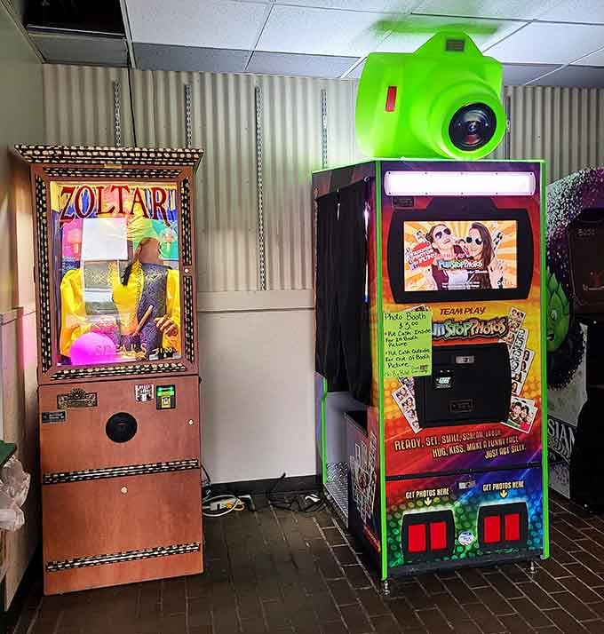 Fortune tellers and photo booths stand ready to predict your future or capture your present in classic arcade tradition.