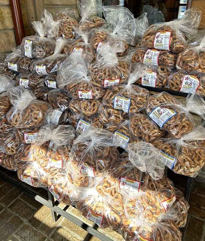 Bags of fresh pretzels stacked high enough to feed your entire neighborhood, or just you this weekend.