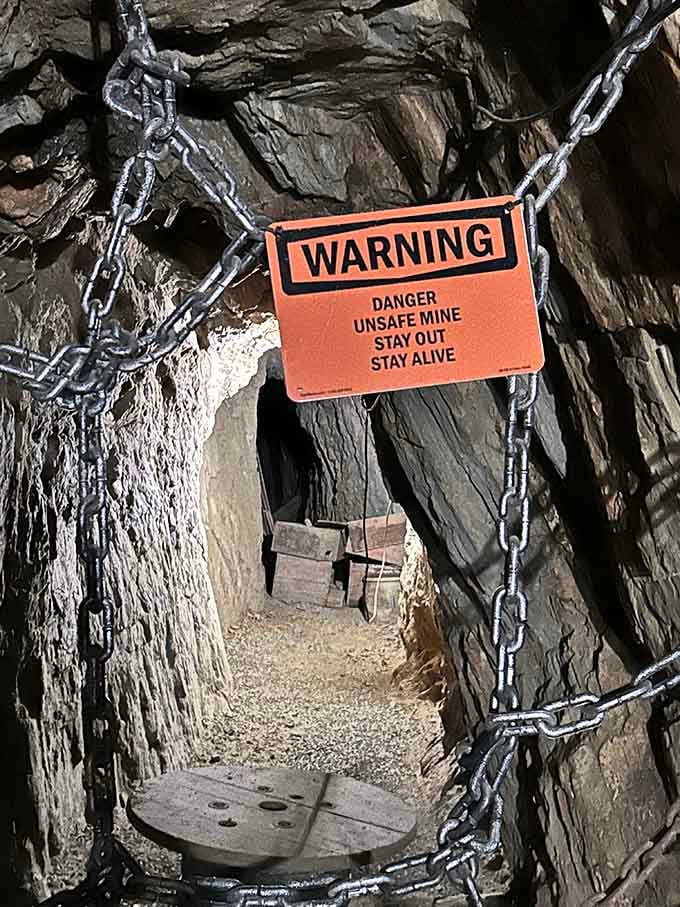 Nothing says "welcome to adventure" quite like a warning sign suggesting your survival isn't exactly guaranteed down here.