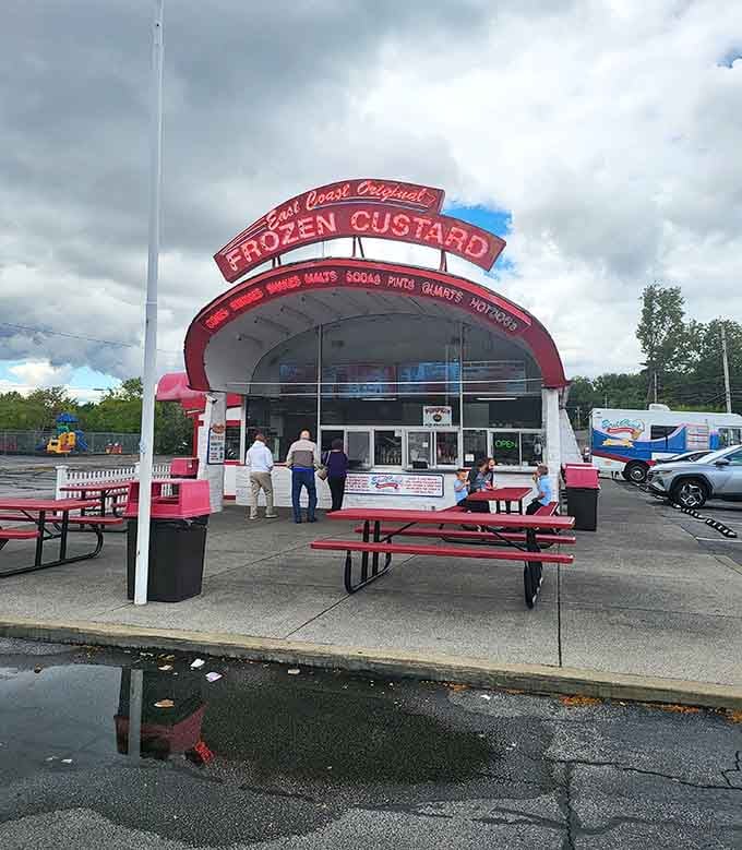 Even on cloudy days, this custard stand manages to look cheerful and inviting to passing dessert seekers.