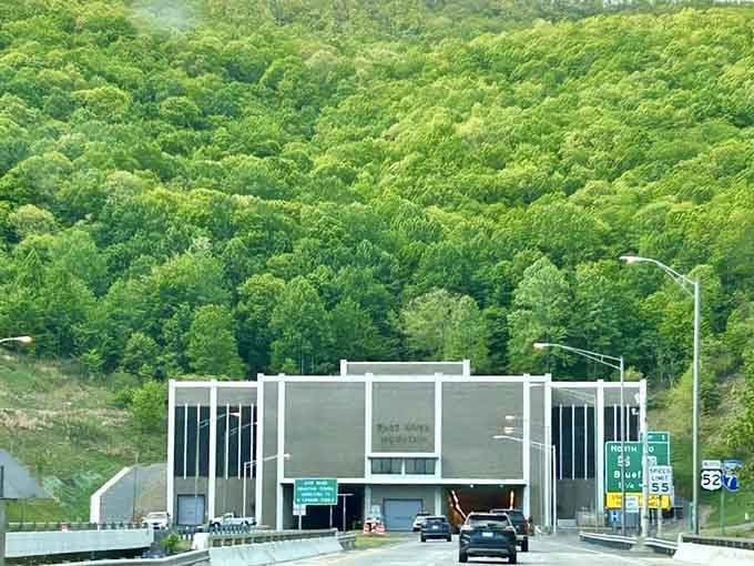 The lush Appalachian landscape provides a stunning backdrop to this concrete gateway between two states and countless road trips.