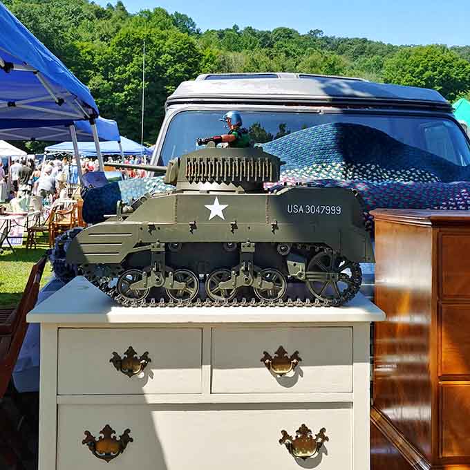 This military tank model sits atop a dresser, proving that literally anything can show up here.