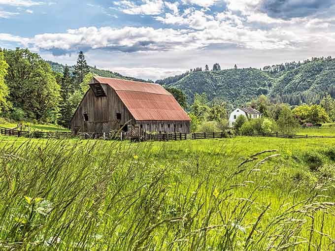 This barn has seen more Oregon history than most museums, standing proud against those gorgeous hills.