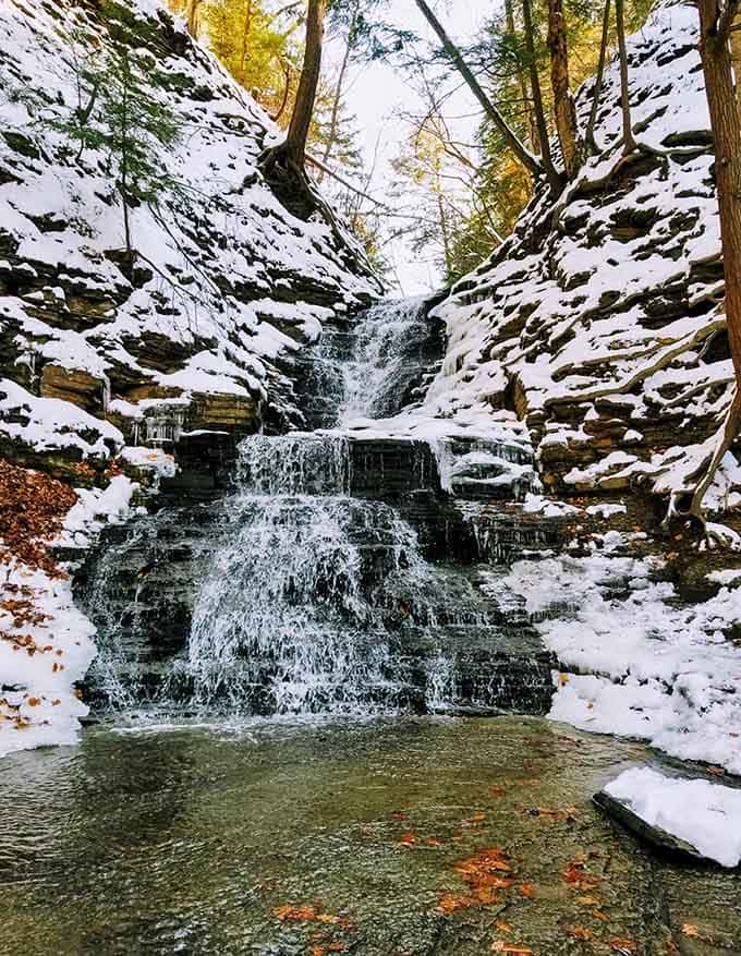 Winter's icy embrace makes the flame even more dramatic, like finding a cozy fireplace in Narnia's frozen forest.