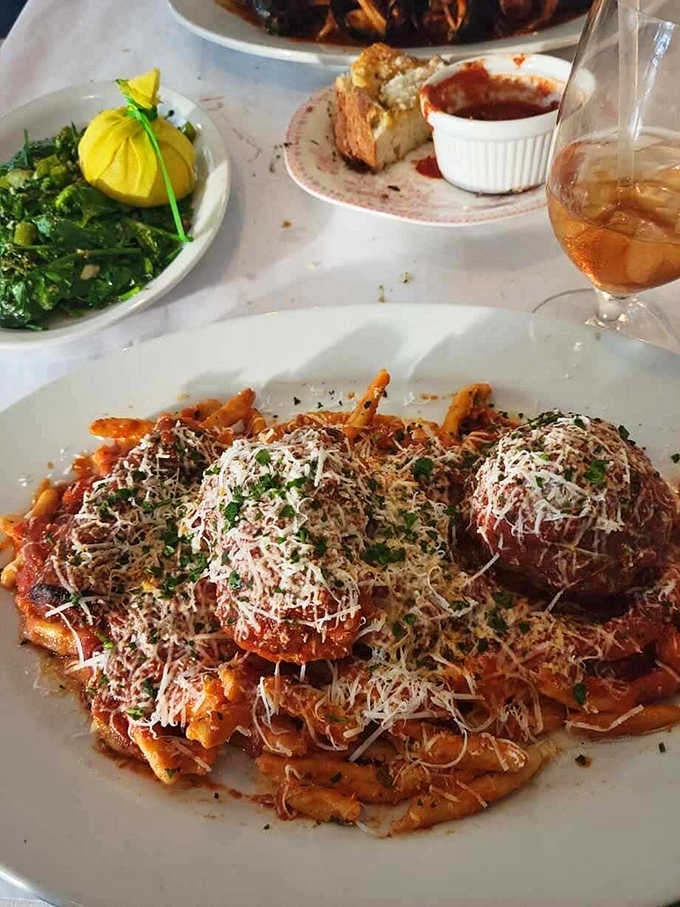Meatballs and pasta piled high, because sometimes more really is more, and that's perfectly fine.