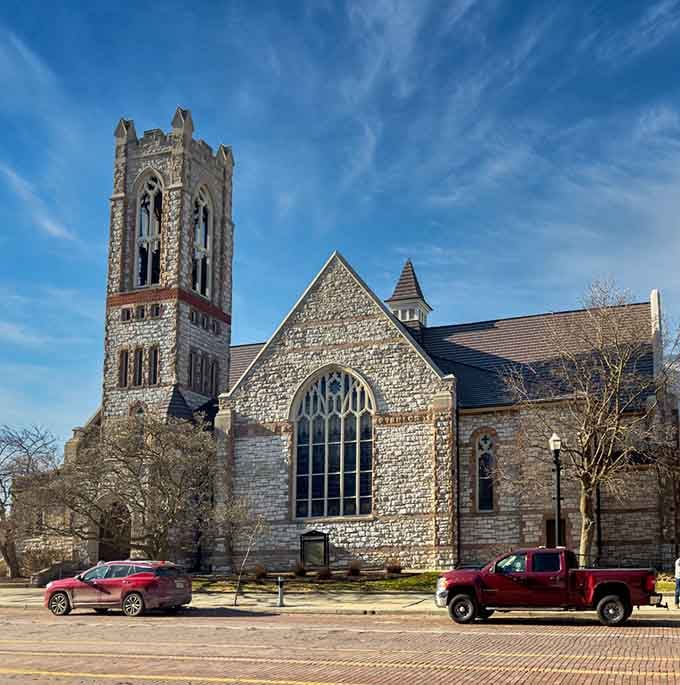 First Presbyterian Church's stonework showcases craftsmanship from an era when buildings were built to last centuries.