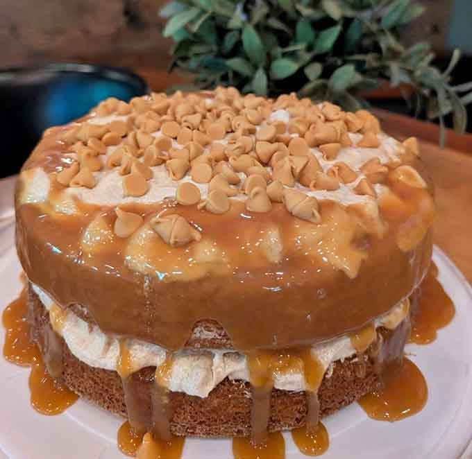 Salted caramel cascading down butterscotch chips creates a dessert that's basically edible architecture with a sweet tooth.