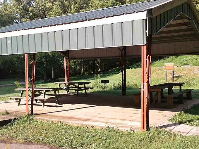 The covered pavilion offers shelter for picnics, making this ideal for a full day outdoors.