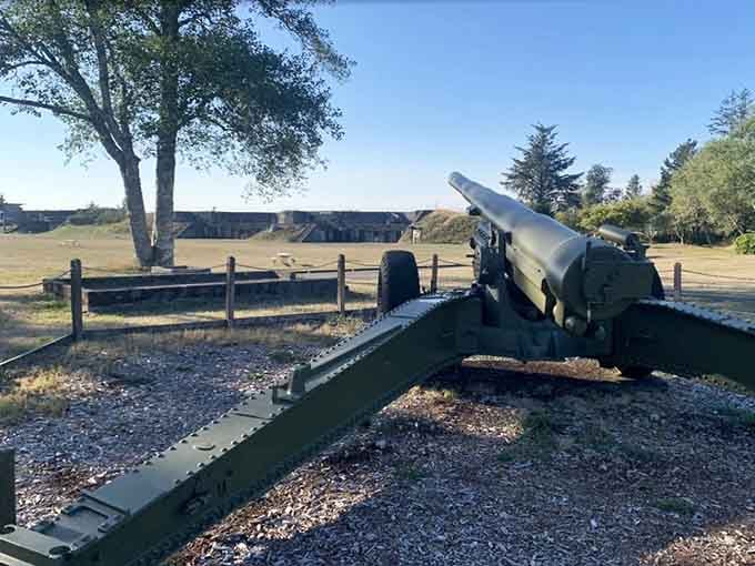 A vintage artillery piece stands ready to defend against threats that stopped being relevant around the time your grandparents were dating.