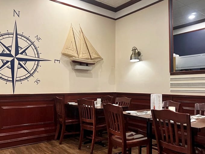 A compass rose points you toward your true north: the dining room and its magnificent offerings.