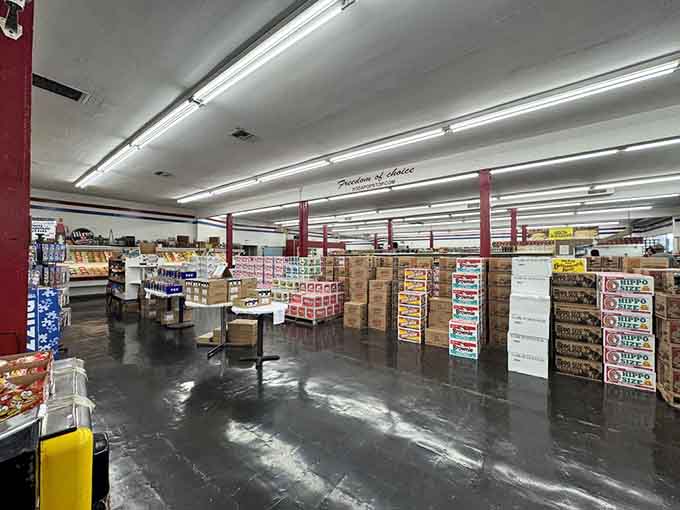 Rows of soda cases stretch into the distance like a delicious horizon, making every shopping trip an expedition.