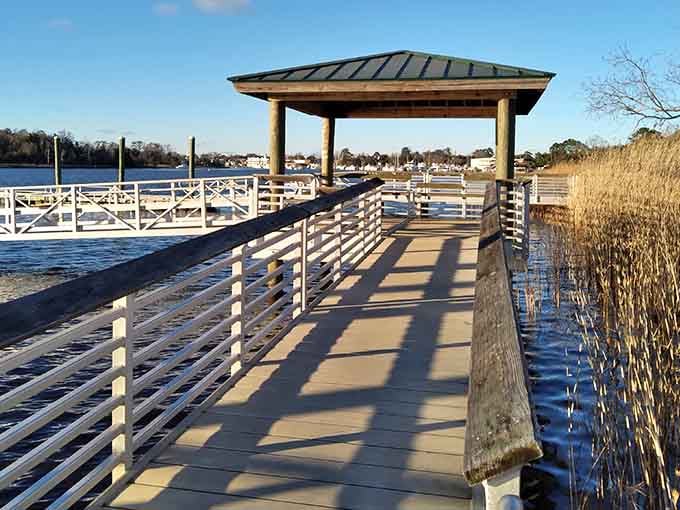 East Bay Park's peaceful boardwalk stretches over the water, perfect for contemplative strolls and wildlife watching.