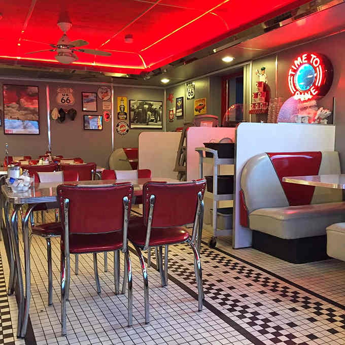 Another angle reveals more vintage treasures on walls that tell stories between every bite you take.