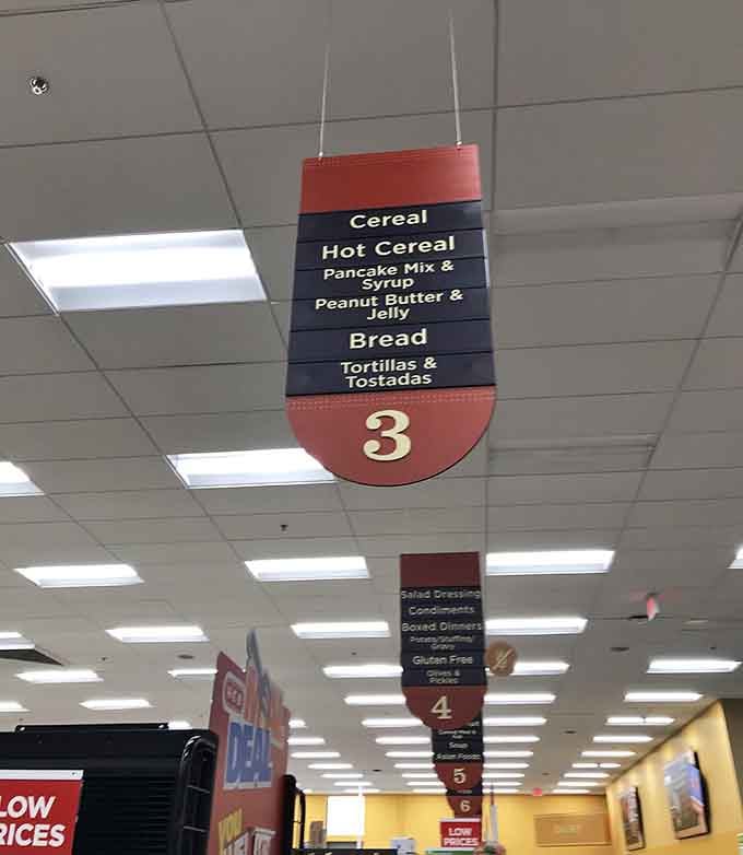 Aisle signs so clear even your directionally challenged friend could find the peanut butter without calling for backup.