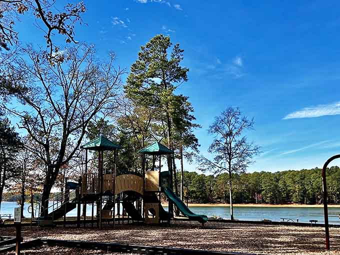 The playground keeps kids entertained while parents enjoy coffee and that million-dollar lake view behind it.