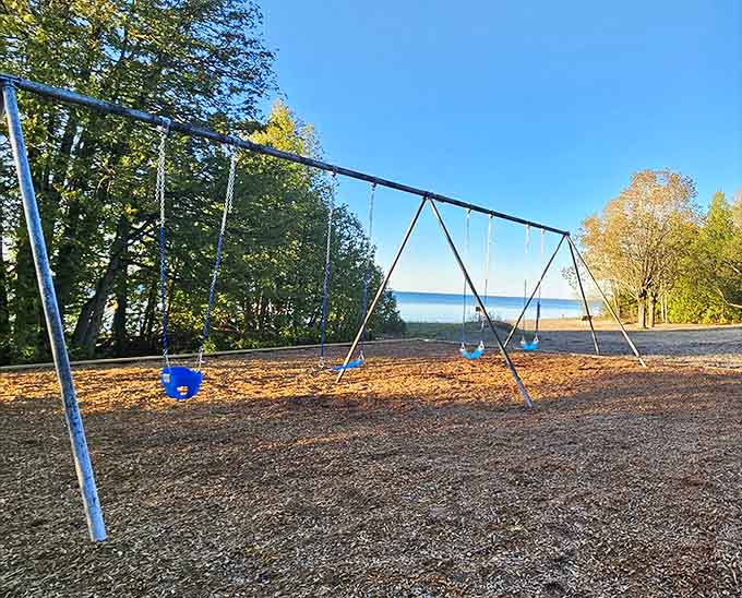 Swings overlooking the lake give kids the best playground view in Michigan, hands down, no contest whatsoever.