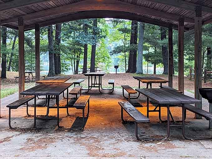 A covered picnic shelter with lake views beats any corporate conference room you've ever endured.