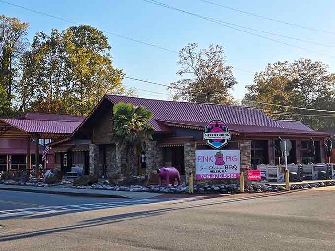 That purple roof announces barbecue with the confidence of someone who knows their brisket can back it up.