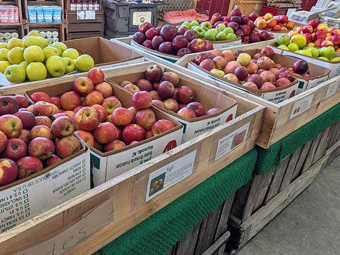 Wooden bins overflow with apple varieties in every shade, each one picked fresh from nearby trees.