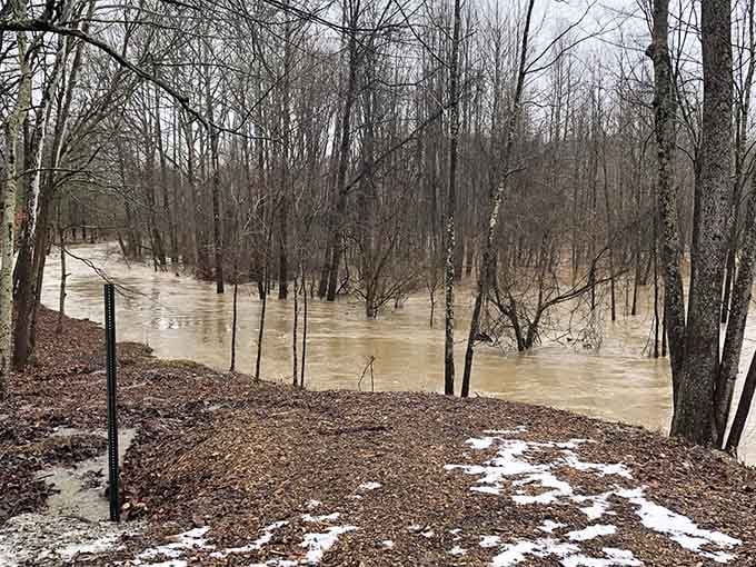 Bean Blossom Creek doesn't care about your schedule, it just keeps flowing like it has for centuries beneath this bridge.