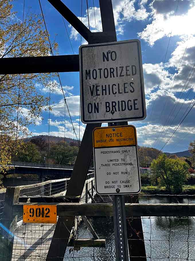 Signs remind visitors this bridge is for pedestrians only, no matter how tempting a shortcut it might seem.