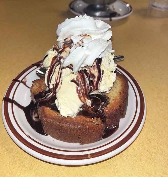 Pound cake topped with ice cream and chocolate proves simple combinations often create the most satisfying results.