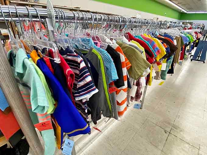 Tiny shirts in every color imaginable because kids grow faster than you can say "thrift store."