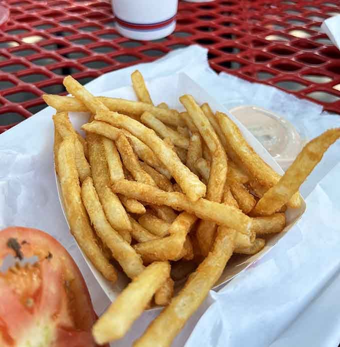 French fries so golden and crispy they could double as edible currency in a carbohydrate-based economy we'd all support.
