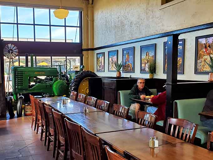 That green John Deere tractor adds agricultural charm while you contemplate your next bite of perfection.