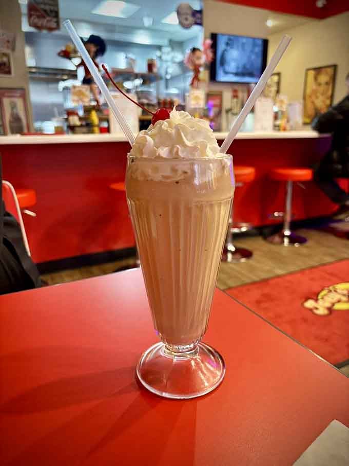 This chocolate malt in a classic fountain glass is basically a time machine disguised as a beverage.