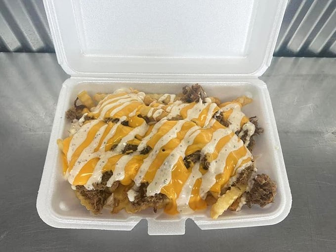 Pork and cheese fries drizzled with sauces create a glorious mess that's absolutely worth every single calorie consumed.