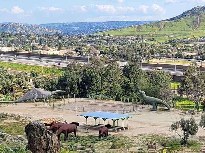 An aerial view reveals the full scope of this dinosaur paradise, complete with picnic tables for modern mammals.