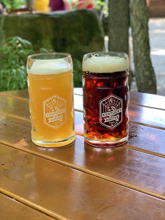 Local craft beers in branded glassware mean you're supporting Kentucky brewers while sitting in a garden, which feels wonderfully civilized.