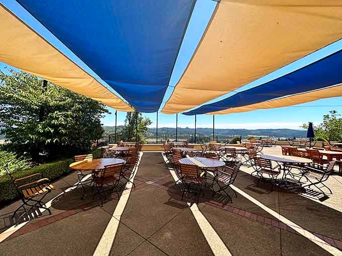 Blue skies, mountain views, and empty tables waiting for you to claim your favorite spot outdoors.
