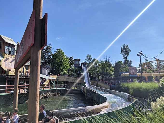 The log flume's gentle curve promises a splash finale that'll cool you down faster than any air conditioner.