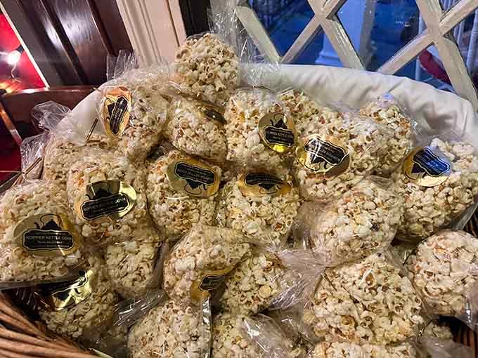Popcorn balls wrapped and ready, because this place believes in sending happiness home with you afterward.