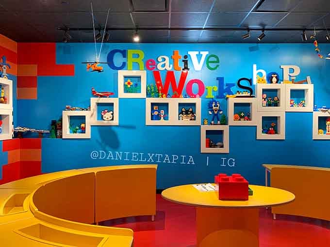 Colorful displays line workshop walls, inspiring visitors to transform simple bricks into extraordinary artistic expressions.