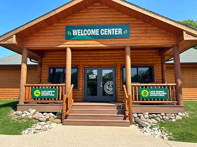 The Welcome Center stands ready with its rustic charm, where every great treetop adventure begins properly.