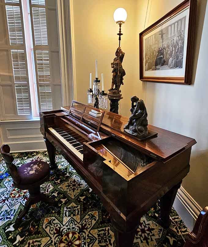This square grand piano sits ready for someone to play Chopin, though it probably sounds better than your nephew's keyboard.