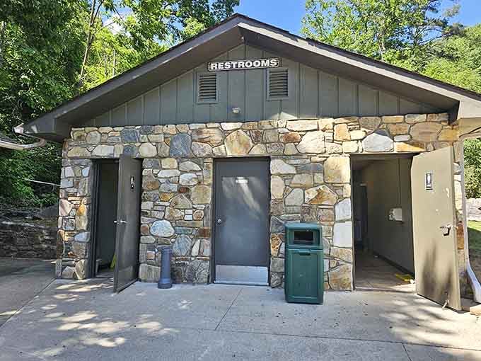 Even the restrooms match the mountain aesthetic, because attention to detail matters when you're running a world-class natural attraction here.
