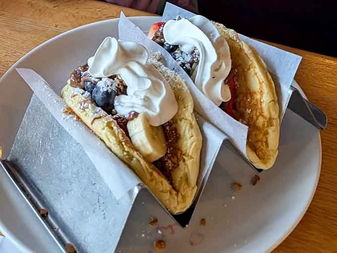Pancake tacos stuffed with berries and cream. Whoever invented these deserves a medal and our gratitude.