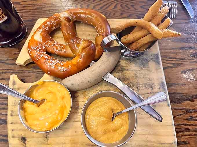 Bavarian weisswurst with pretzel and mustards, the holy trinity of German breakfast done absolutely right.